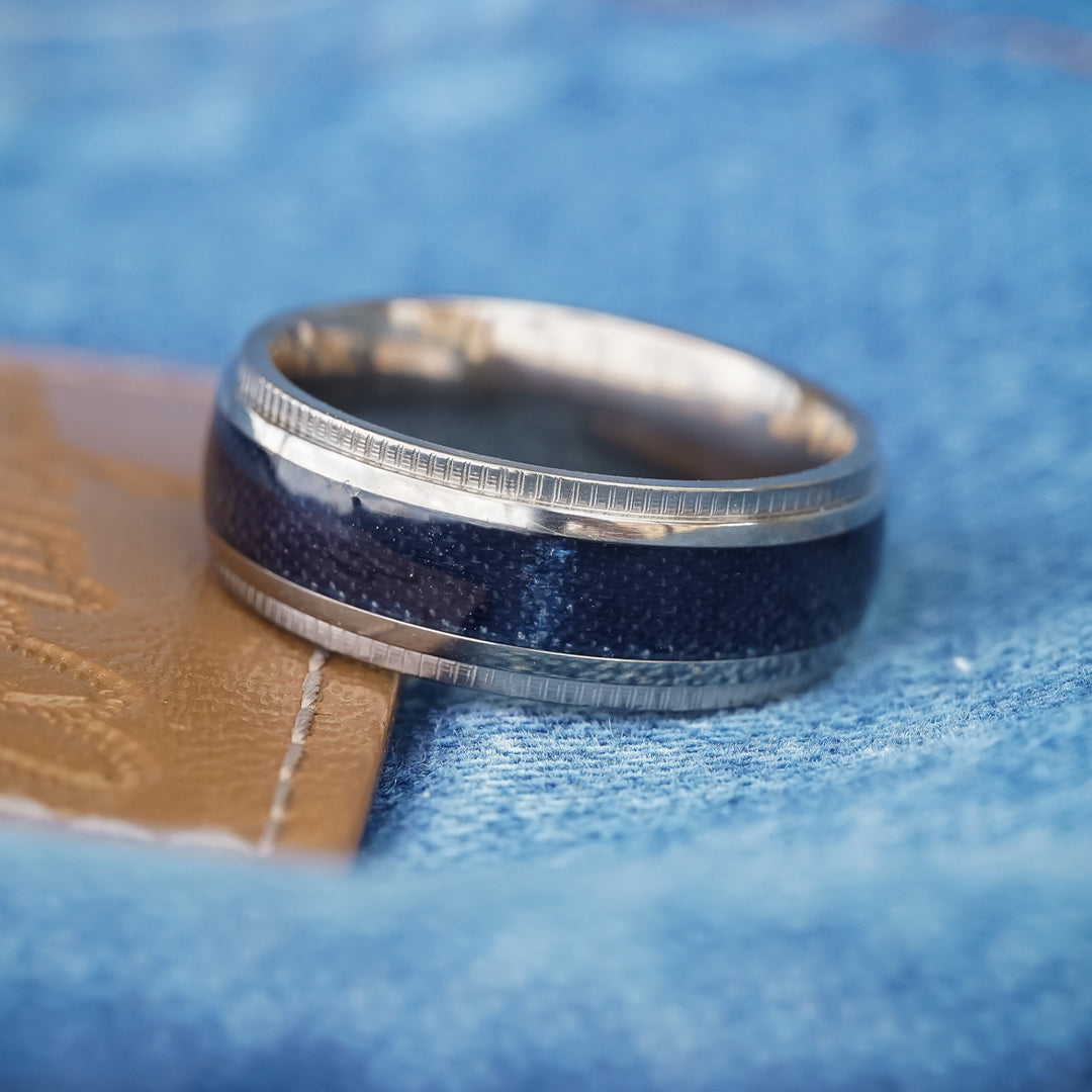 The Ty | Men's 8mm Milgrain Edge Titanium Denim Ring – AntlerRings.com
