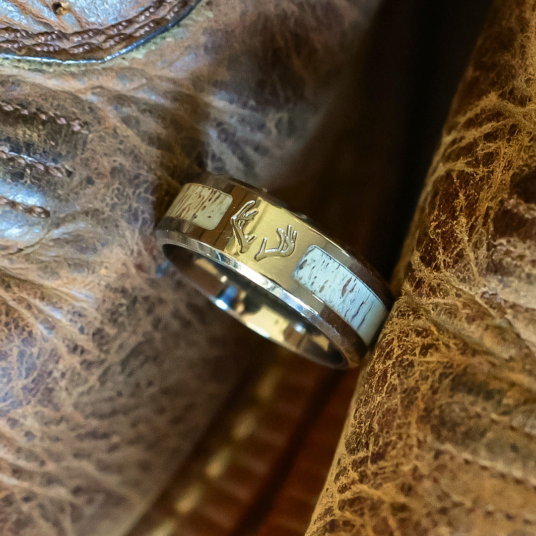 The Silver Stag | 8mm Titanium Stag Stamp Etched Antler Ring ...