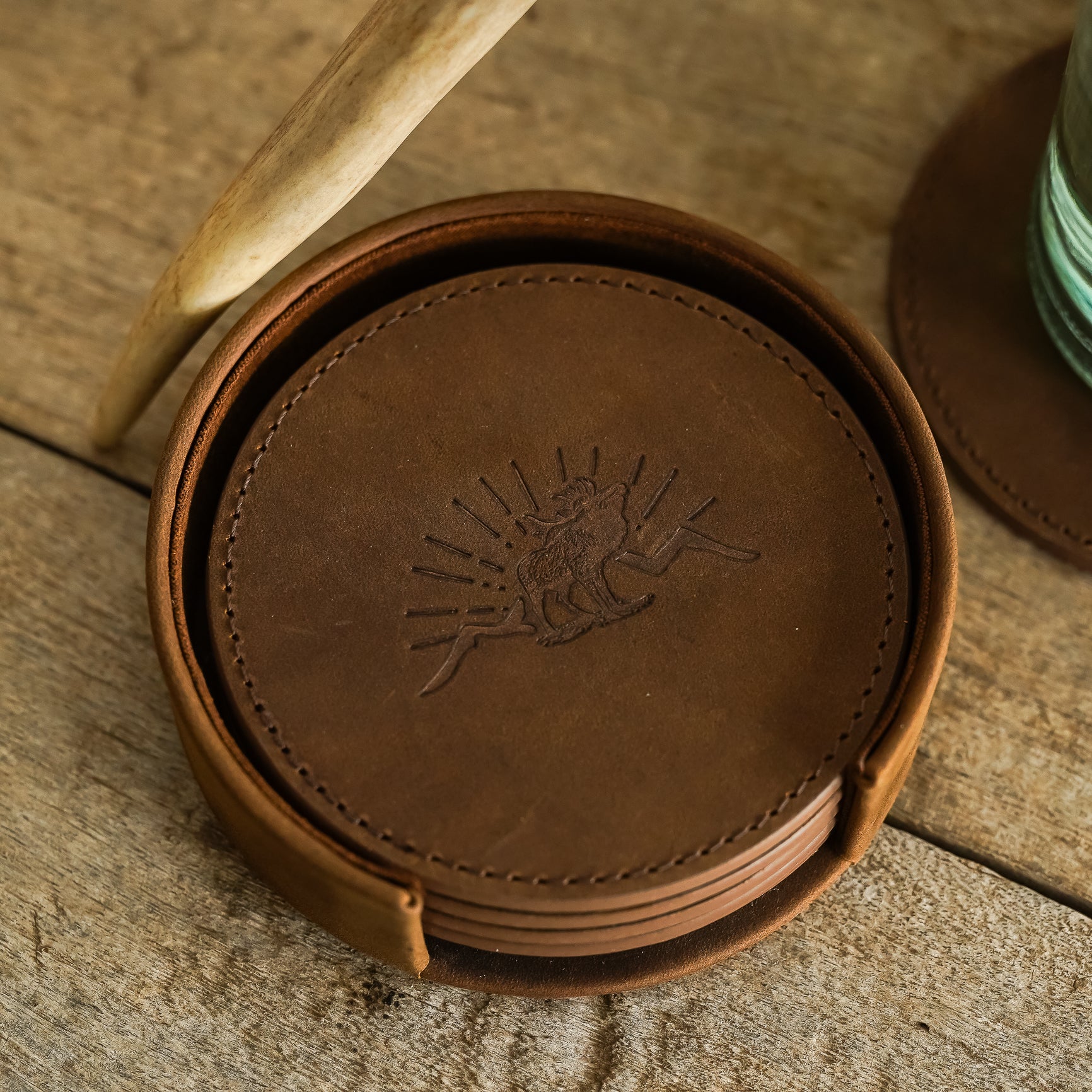 Elk Coaster Set | Rustic Leather Elk Drink Coasters – AntlerRings.com