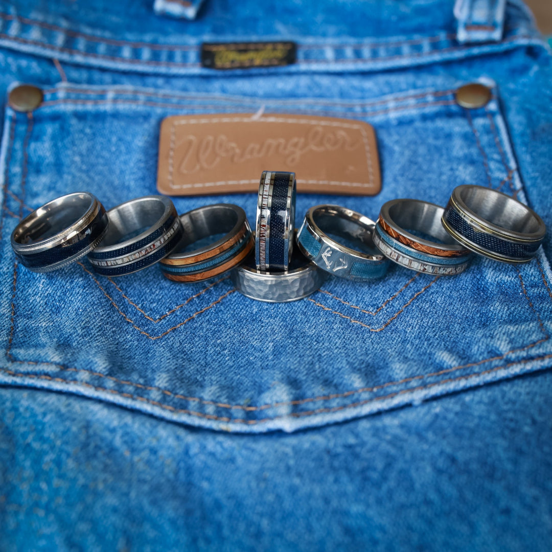 The Ty | Men's 8mm Milgrain Edge Titanium Denim Ring – AntlerRings.com