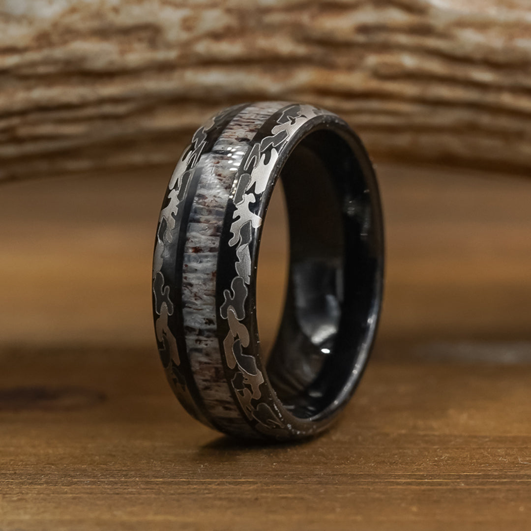 The Goliad | 8mm Black Camo Tungsten Carbide Antler Ring – AntlerRings.com