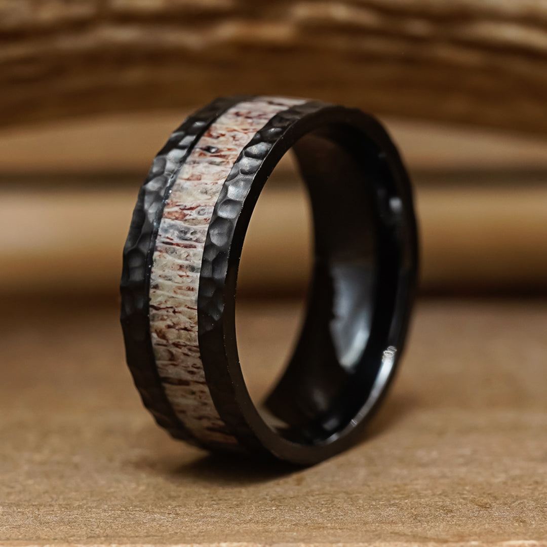 The Lowell | 8mm Black Hand Hammered Titanium Antler Ring – AntlerRings.com