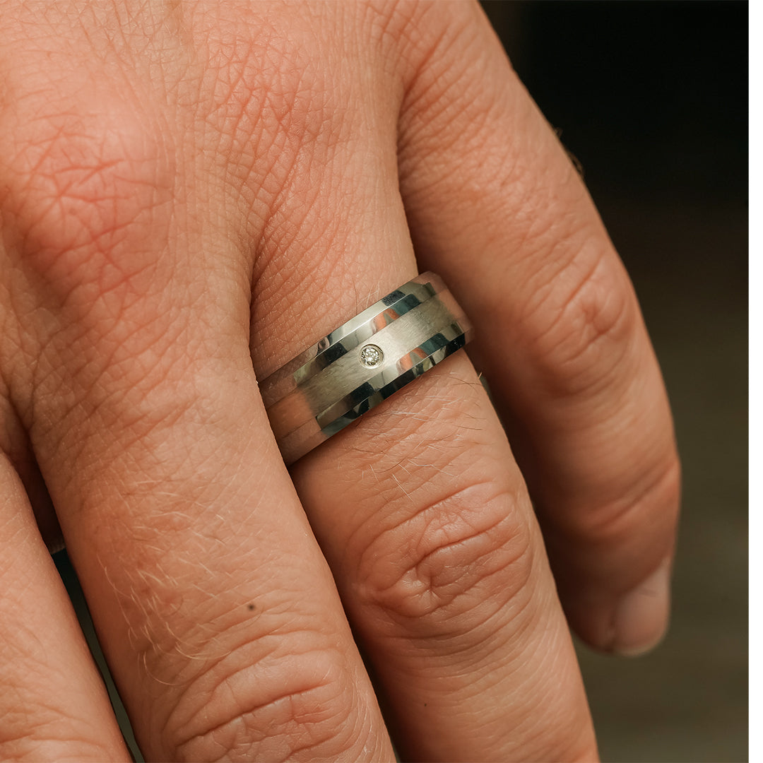 The Merlin | Men's 8mm Beveled Tungsten 0.04 ct Natural Diamond Wedding ...