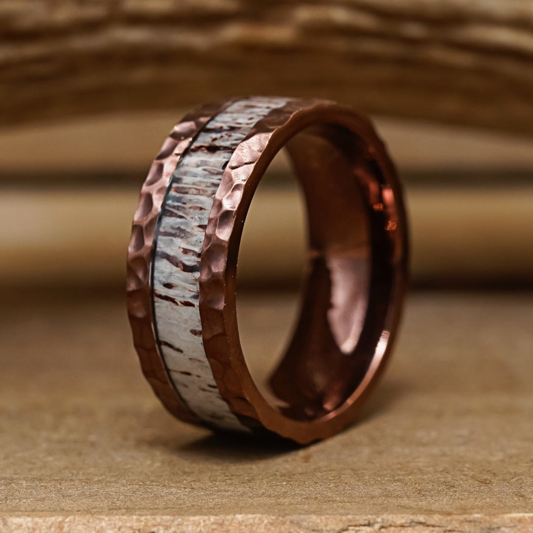 The Mount Vinson | 8mm Brown Hand Hammered Titanium Antler Ring ...