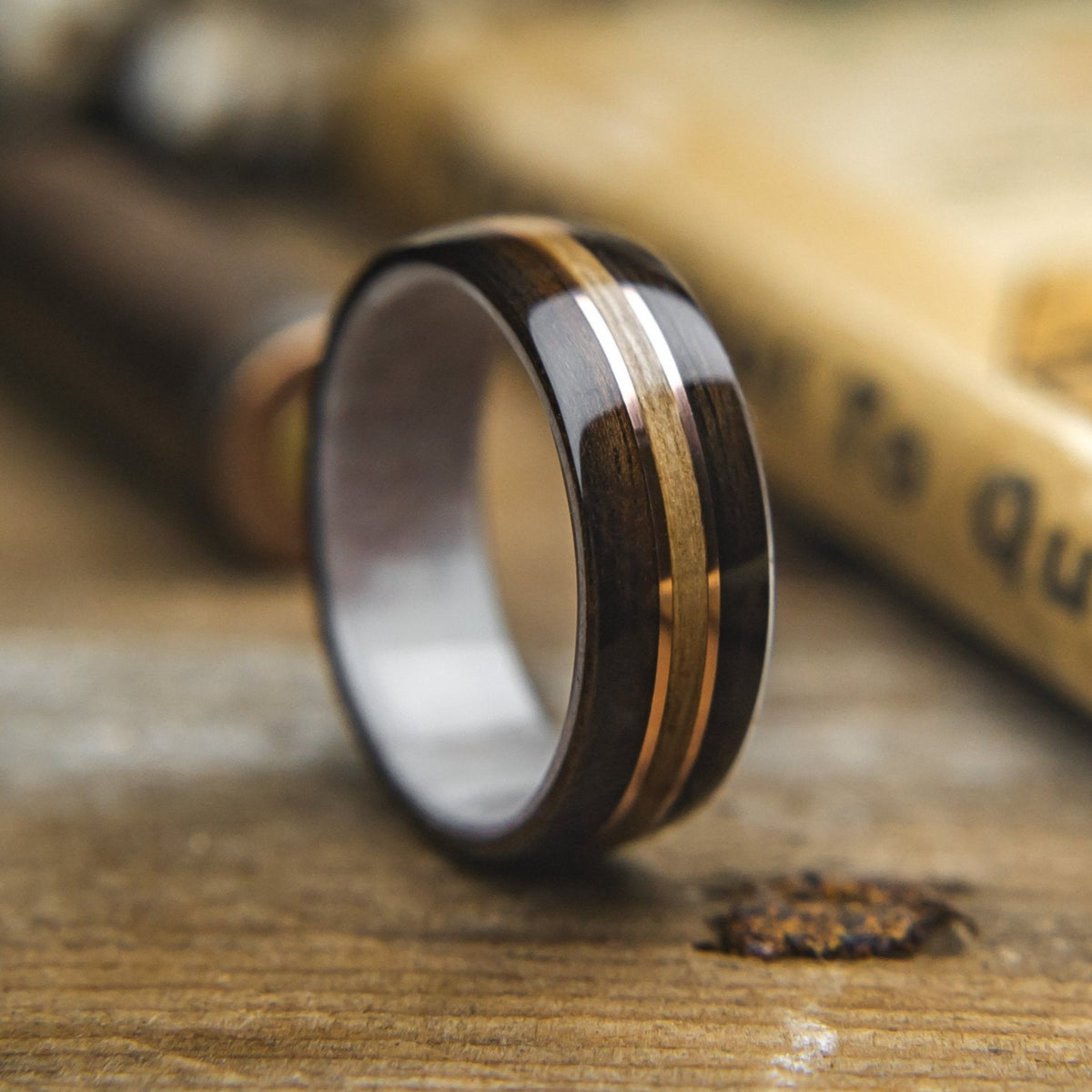 The Torres | 8mm Mens Whiskey Oak Barrel and Ebony Antler Ring