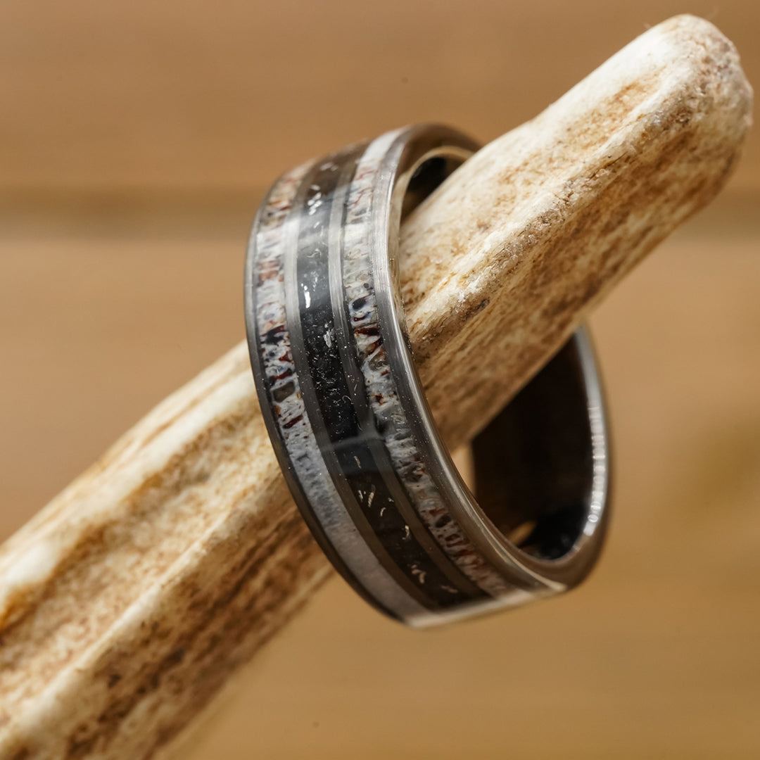 The Fossil Ridge | Men's 8mm Tungsten & Crushed Meteorite Antler Ring ...