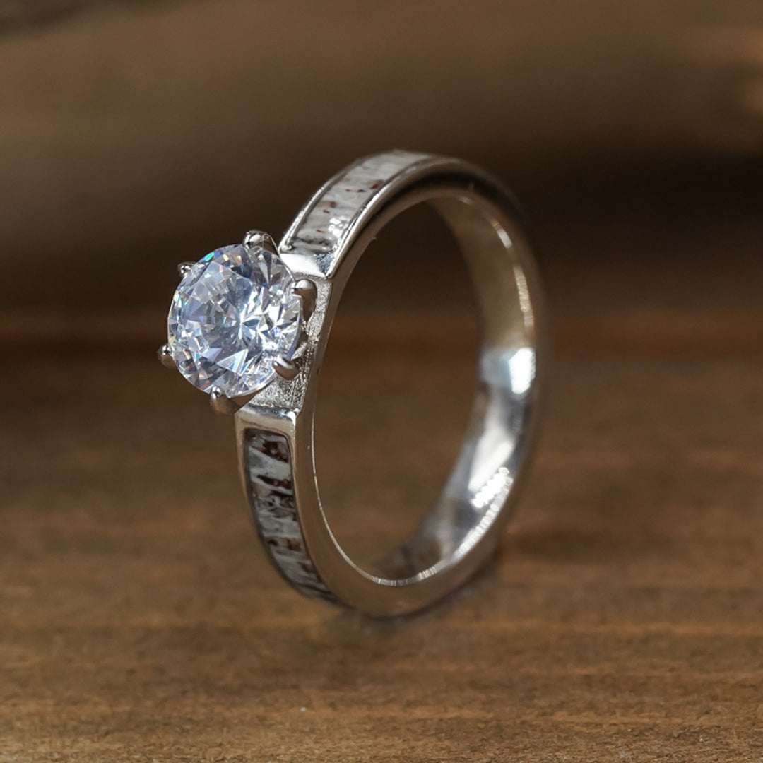The Grand Cascade | 4mm Sterling Silver or Titanium Natural Antler Inlaid Ring with Round CZ ...