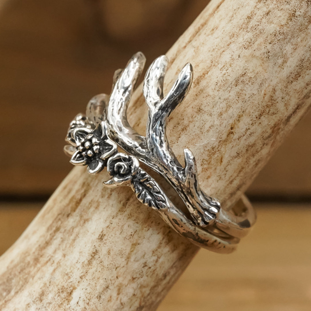The Phoebe | Sterling Silver Antler and Floral Hand Crafted Stacked ...