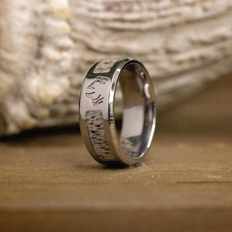 The Silver Stag | 8mm Titanium Stag Stamp Etched Antler Ring ...