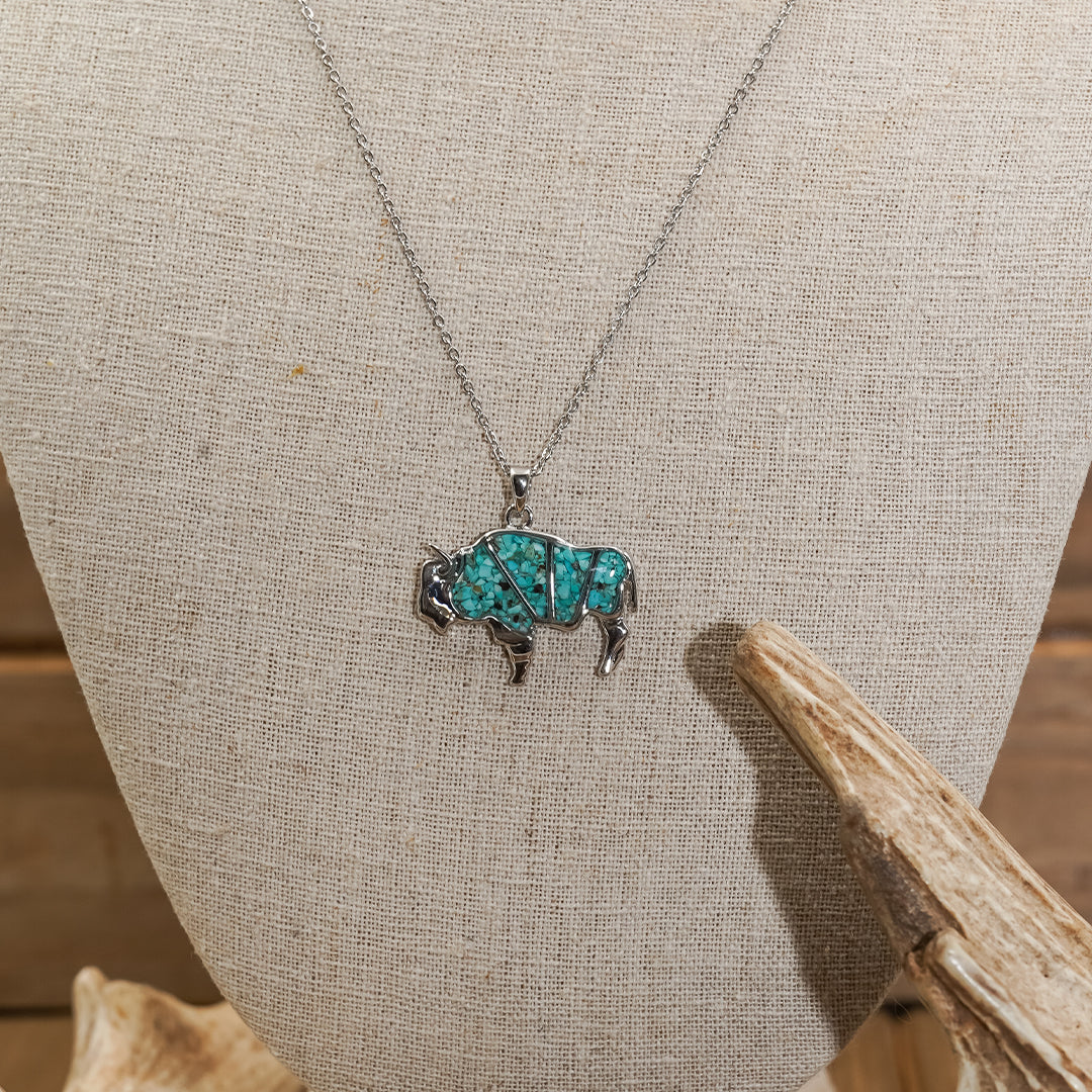 The Turquoise Bison | Stainless Steel Chain Bison Pendant Natural ...
