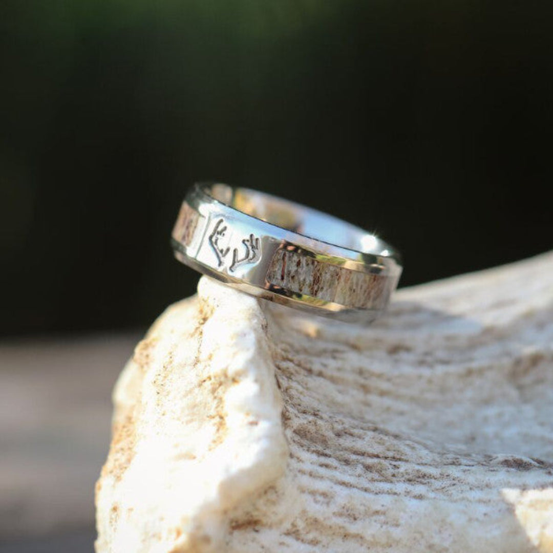 The Silver Stag | 8mm Titanium Stag Stamp Etched Antler Ring ...